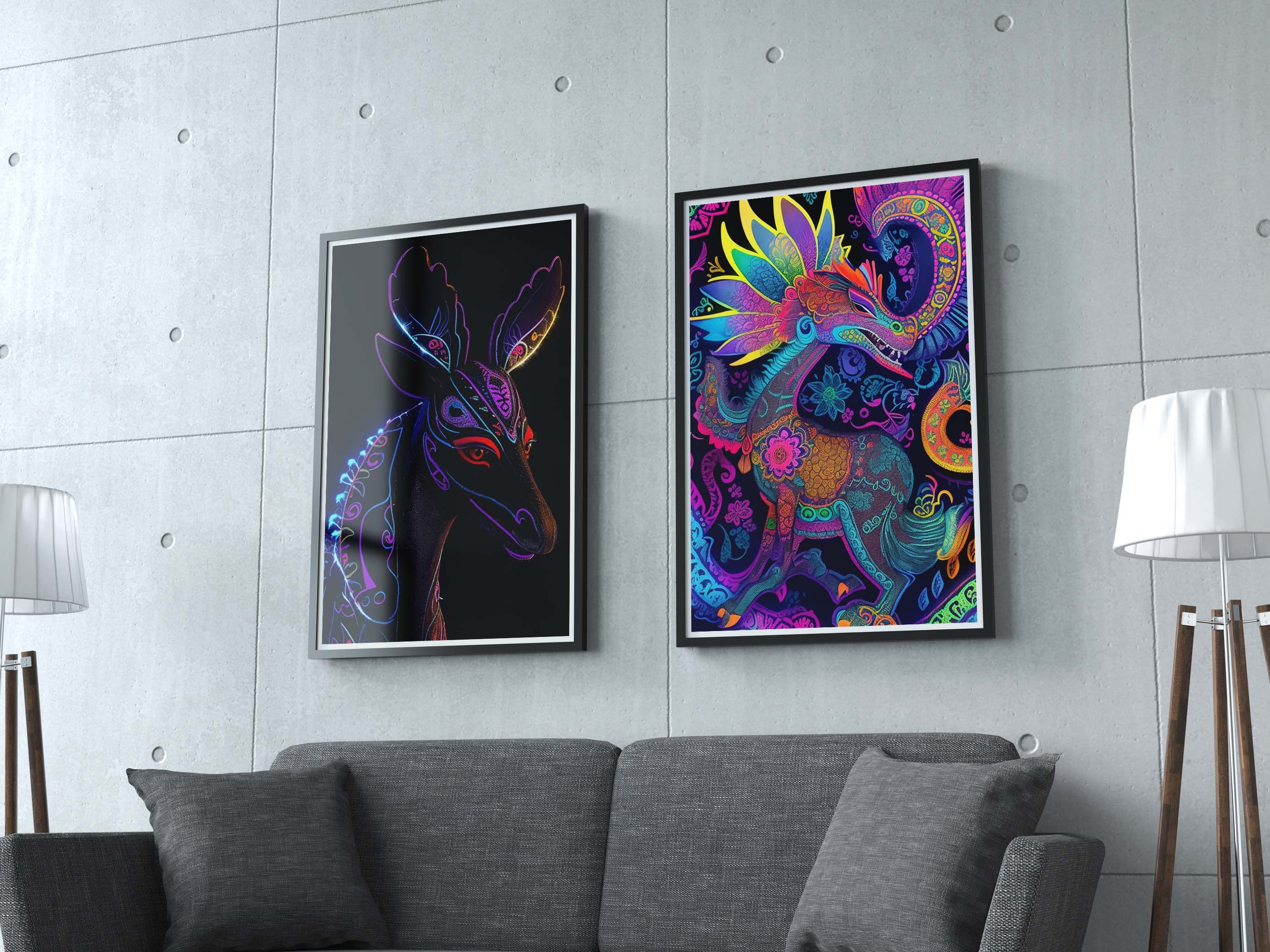 Alebrijes Animal Silhouette Poster, Trace Lines Paint. Set of 3, Wall ...