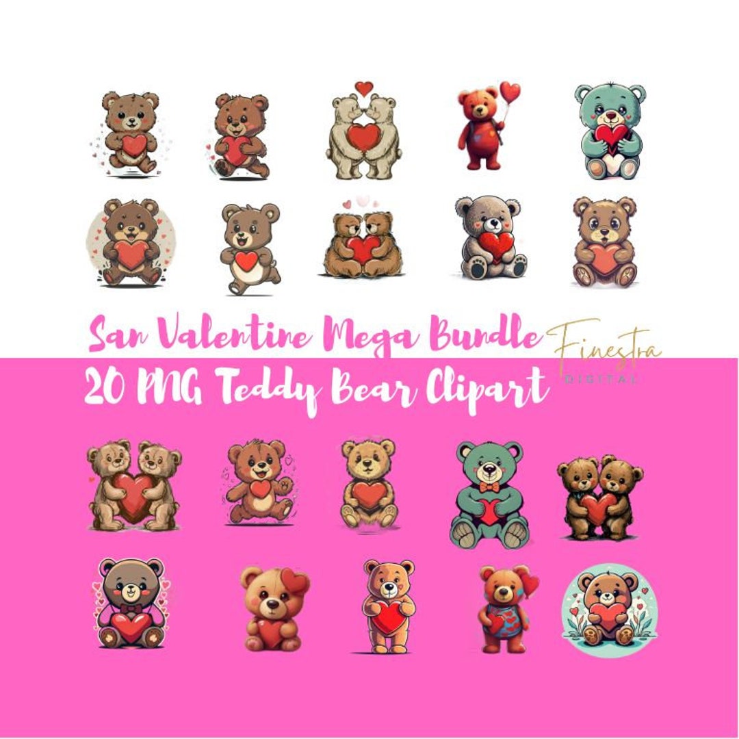 Valentine Teddy Bear Clipart. Bundle of 20 PNG San Valentine's Day ...