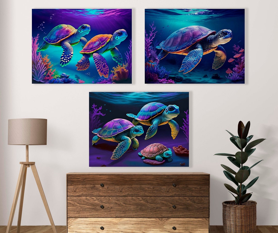 Sea Turtles Poster, Ocean Dark and Vibrant Color Theme, Set of 3, Wall ...
