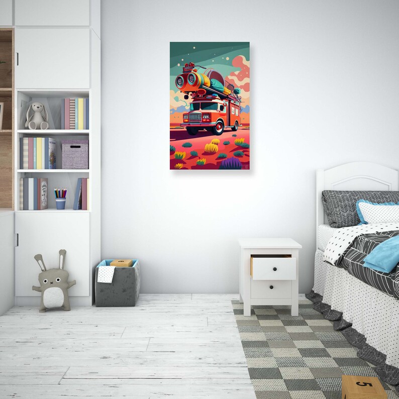 Heroic Fire Truck Digital Art Poster. Set of 1 Image, Children's Art ...