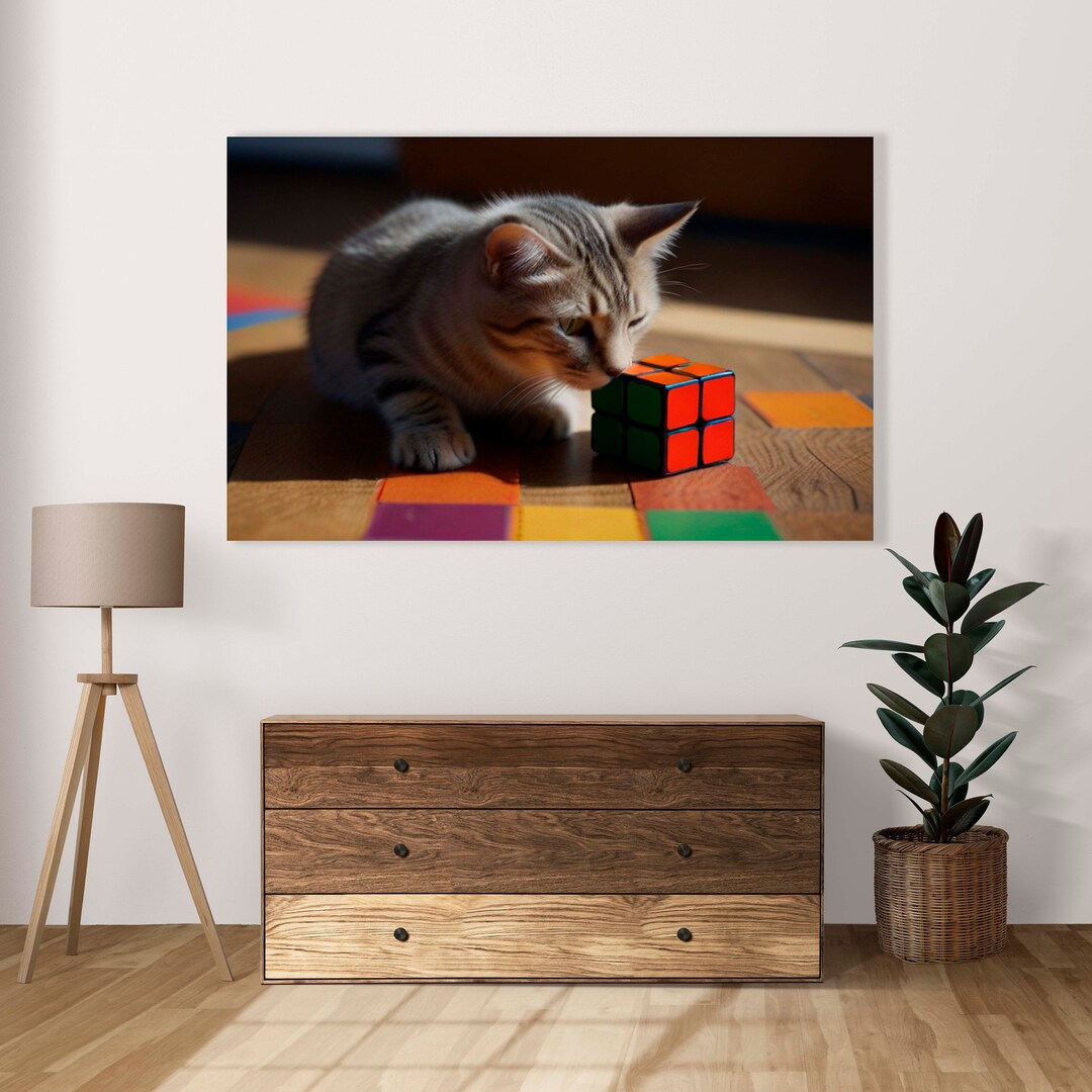 Focus Gray Cat With Rubik Cube Poster. Set of 1 Printable Image, Room ...