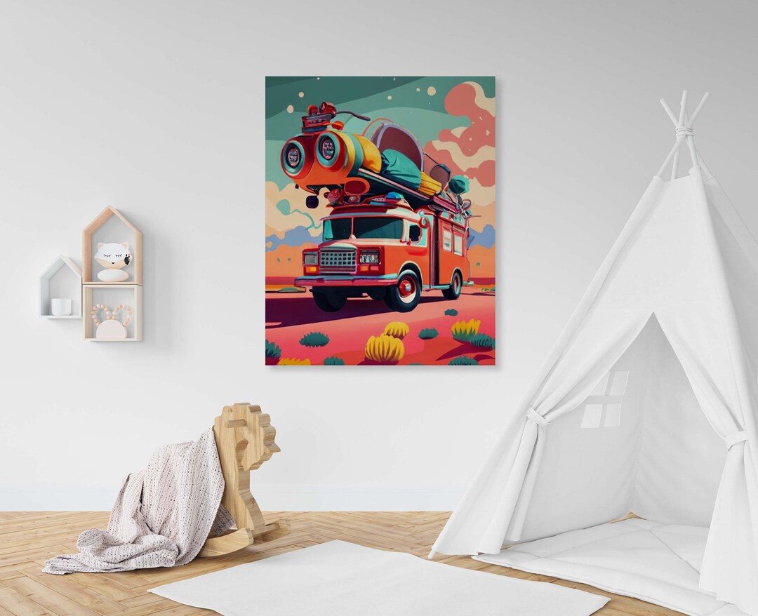 Heroic Fire Truck Digital Art Poster. Set of 1 Image, Children's Art ...