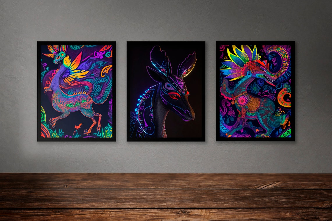 Alebrijes Animal Silhouette Poster, Trace Lines Paint. Set of 3, Wall ...