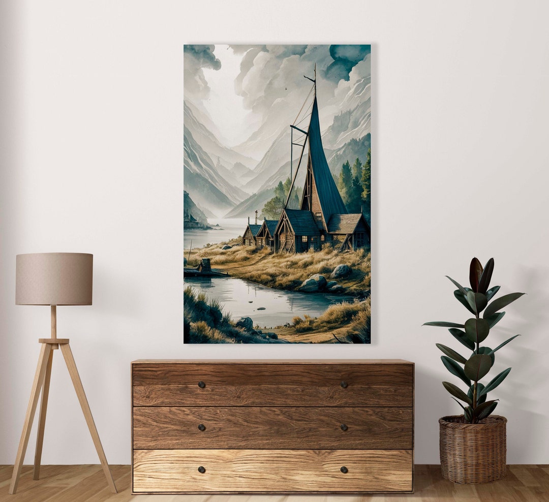Rustic Lakeside Settlement Scene Poster. Set of 1 JPG Image ...