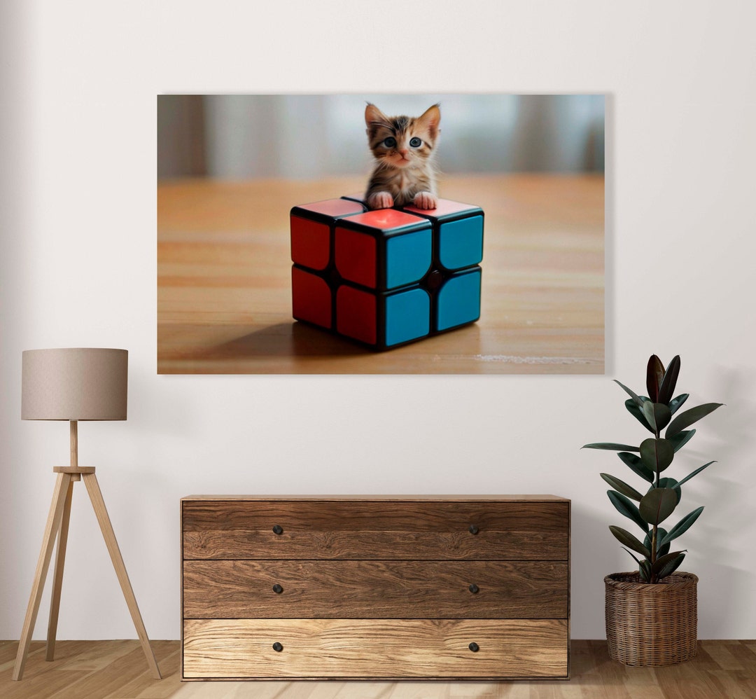 Mini Kitty Cat in Huge Cube Poster. Set of 1 Printable Image, Home Art ...