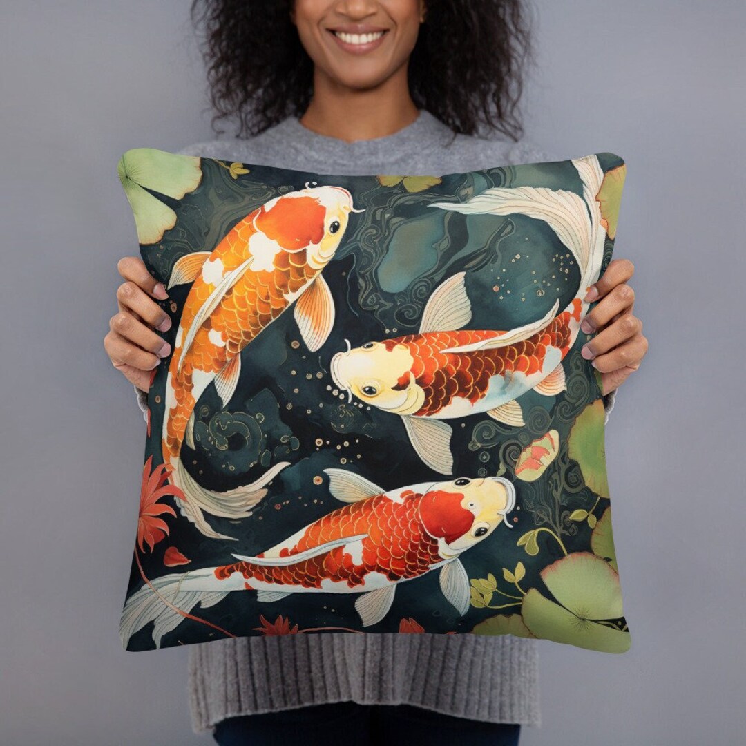 Unique Koi Fish Throw Pillow Floral Design Pillow Cover Green, Orange ...