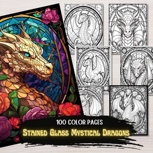 100 Magical Fantasy Dragon Coloring Page Stained Glass Adult Coloring ...