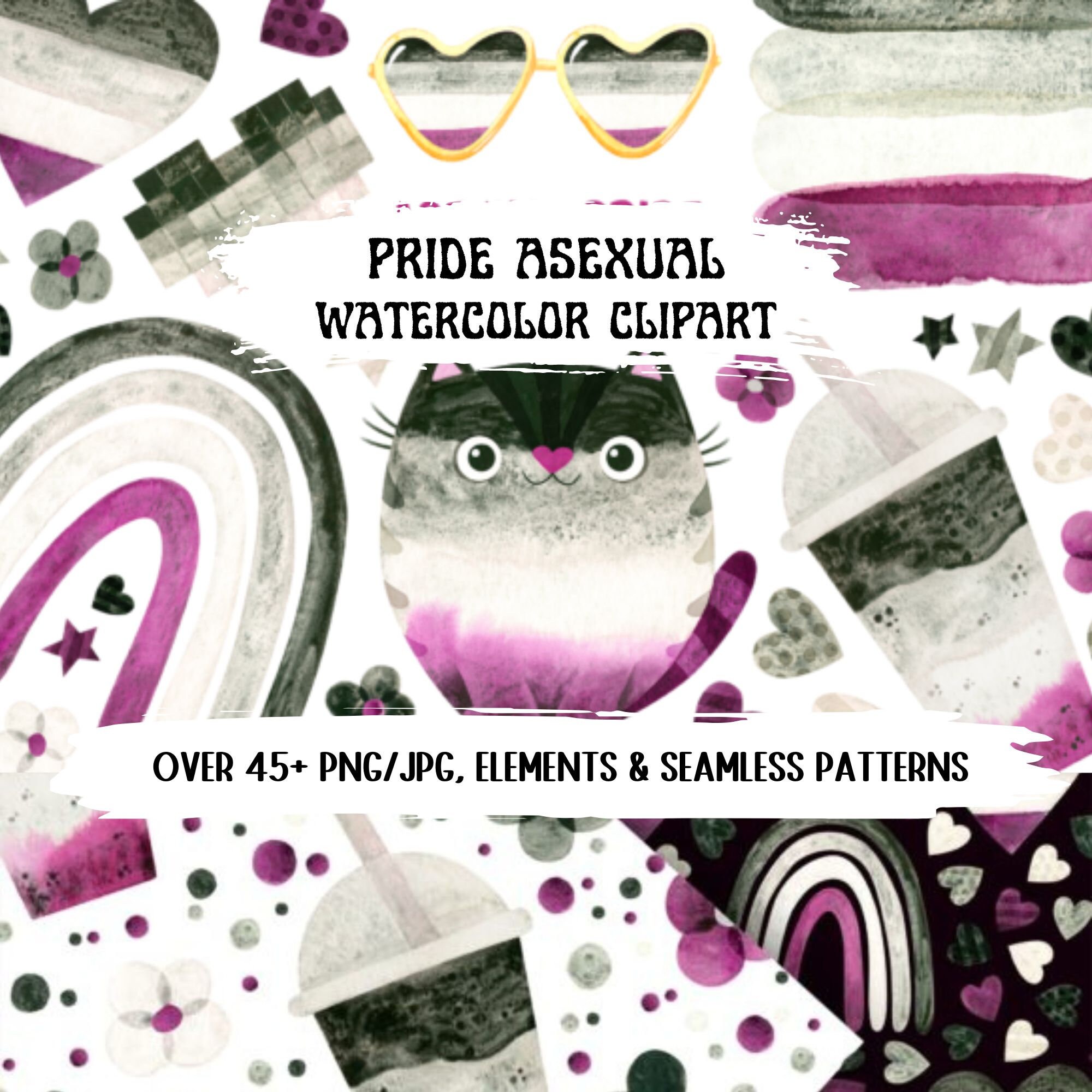 45 Pride Asexual Watercolor Clipart Bundle Seamless Pattern LGBTQIA Art ...