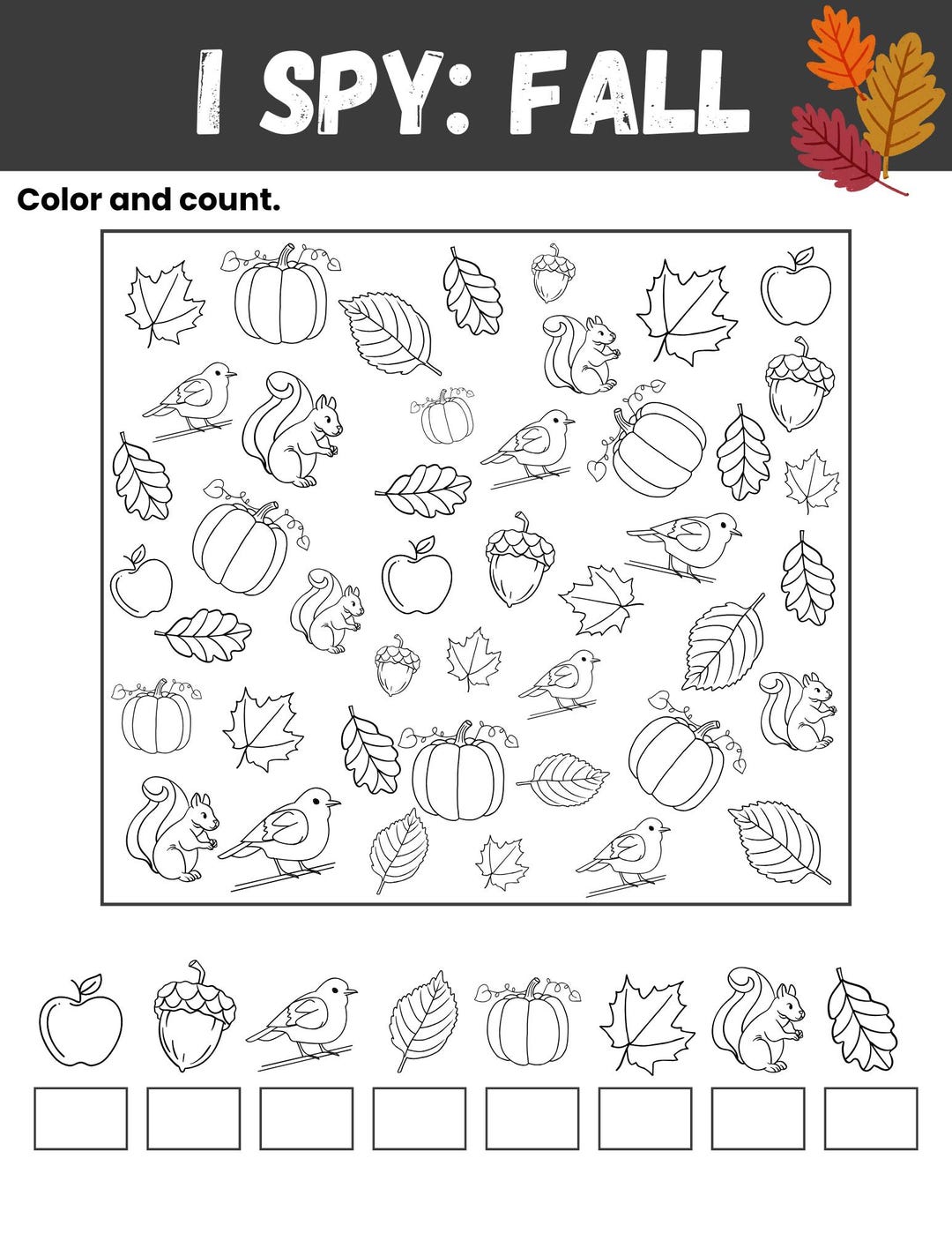Fall I Spy Coloring Sheet for Preschool Elementary Kids Students ...