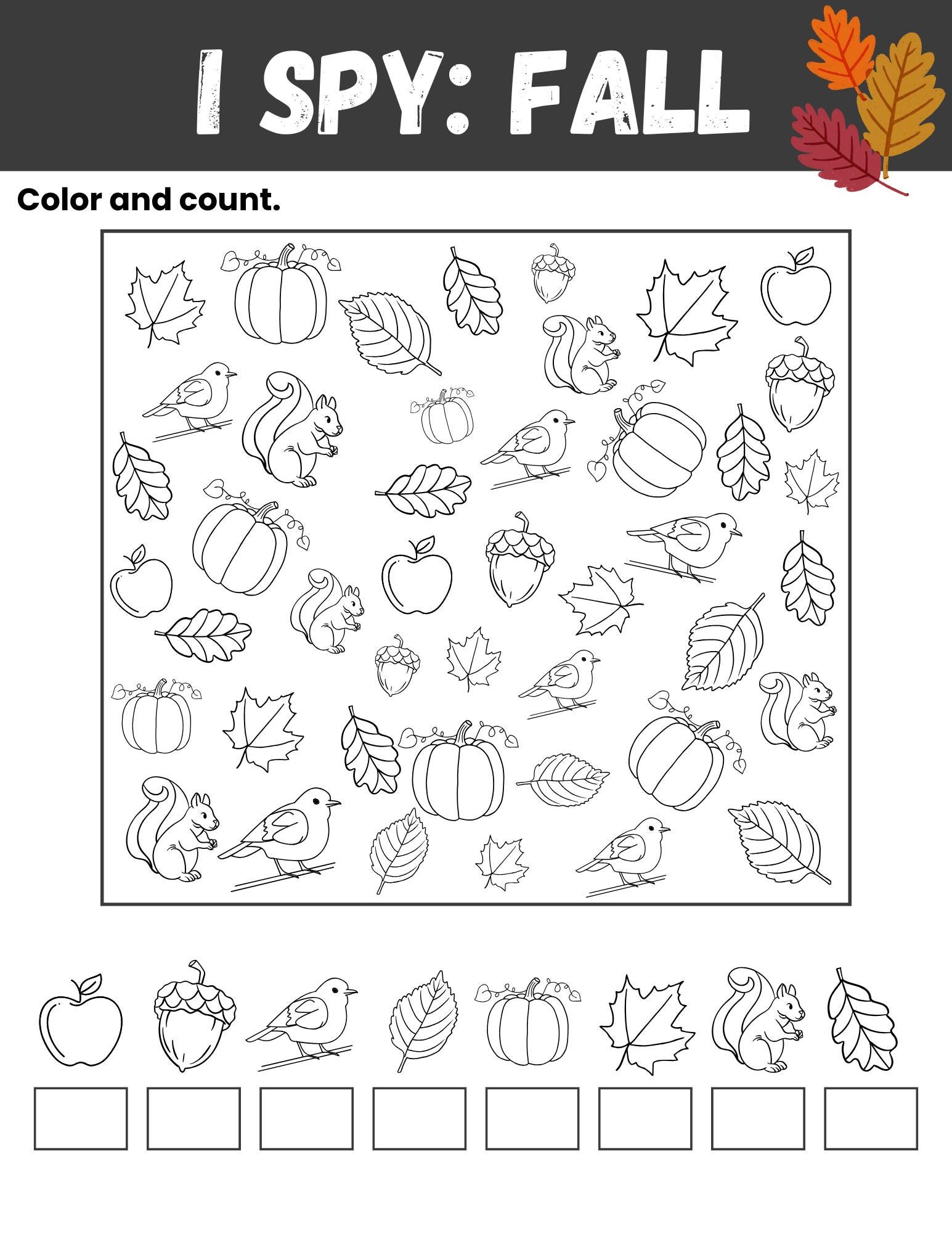 Fall I Spy Coloring Sheet for Preschool Elementary Kids Students ...