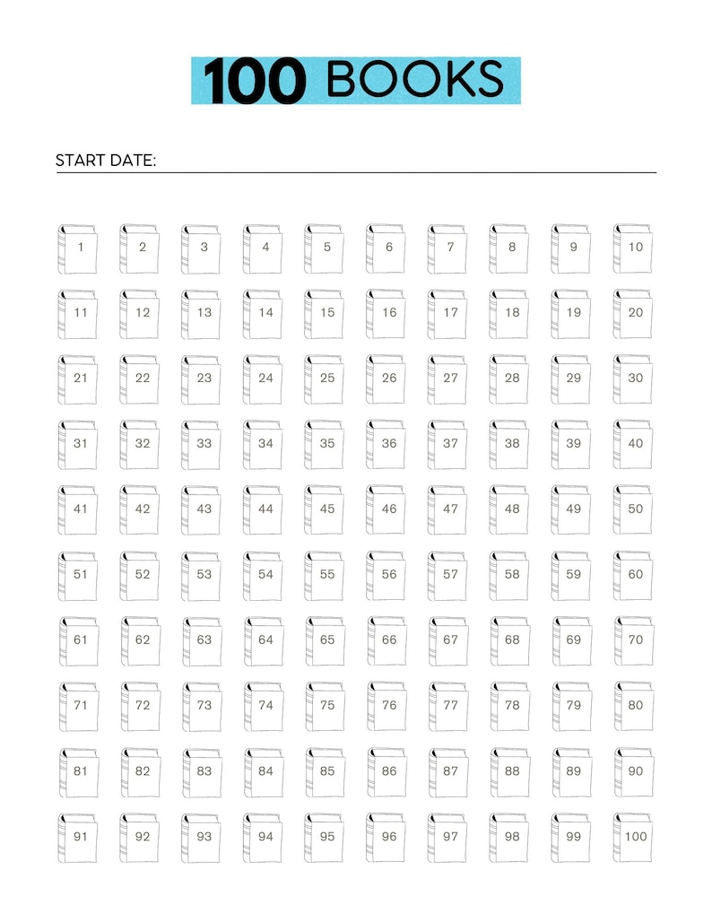 100 Books: Reading Tracker Challenge, Book Reading Chart Log, Book ...