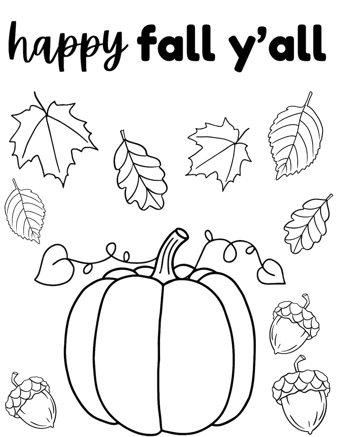 Happy Fall Coloring Page: Pumpkin & Leaves Art (digital Download) - Etsy