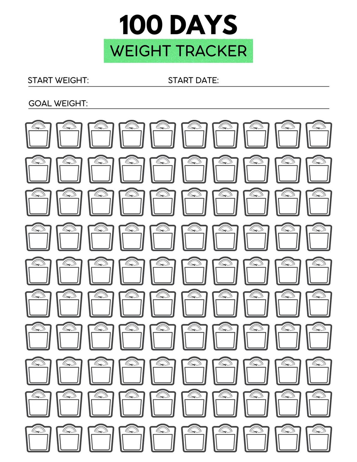 100 Days: Weight Tracker Chart, Weight Loss Tracker, Fitness Habit ...
