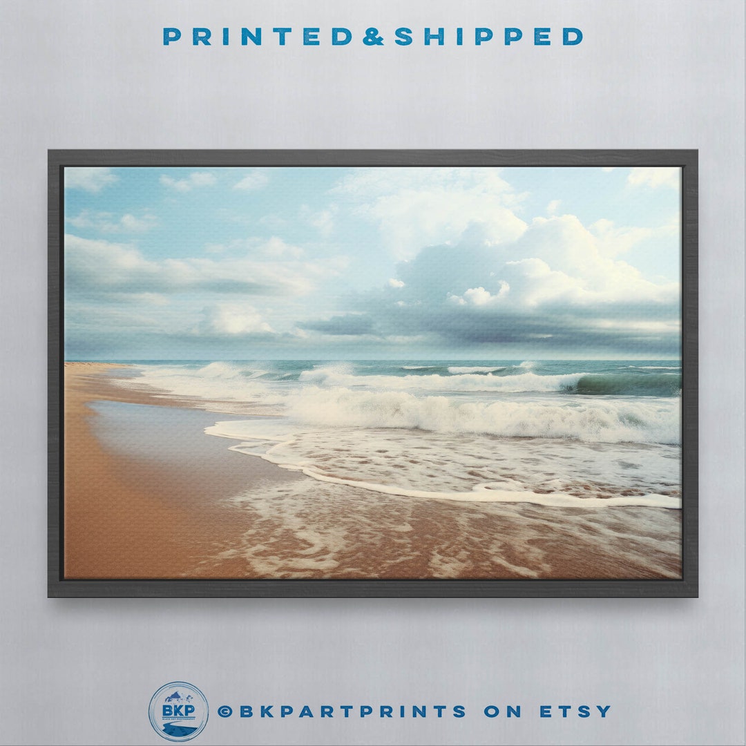 Beach Waves Art Canvas Print, Framed Coastal Themed Home Decor, Light ...