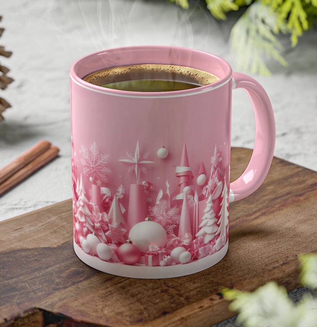 Pink Christmas Mug With Tree Pattern, Christmas Symbols Wrap Mug, Pink ...