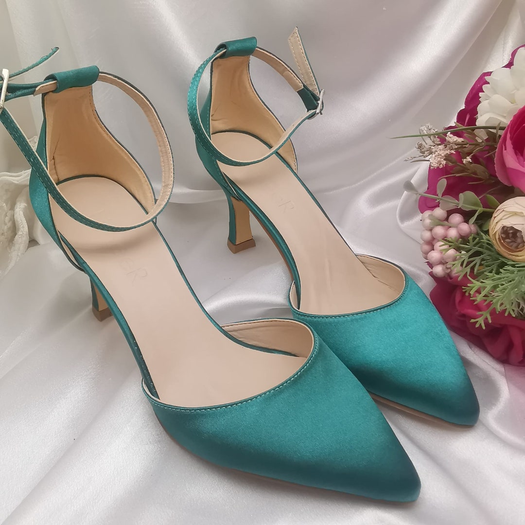 Women's Evening Shoes- Green Shoes- Satin- Stone Detail- Comfortable- 7 ...