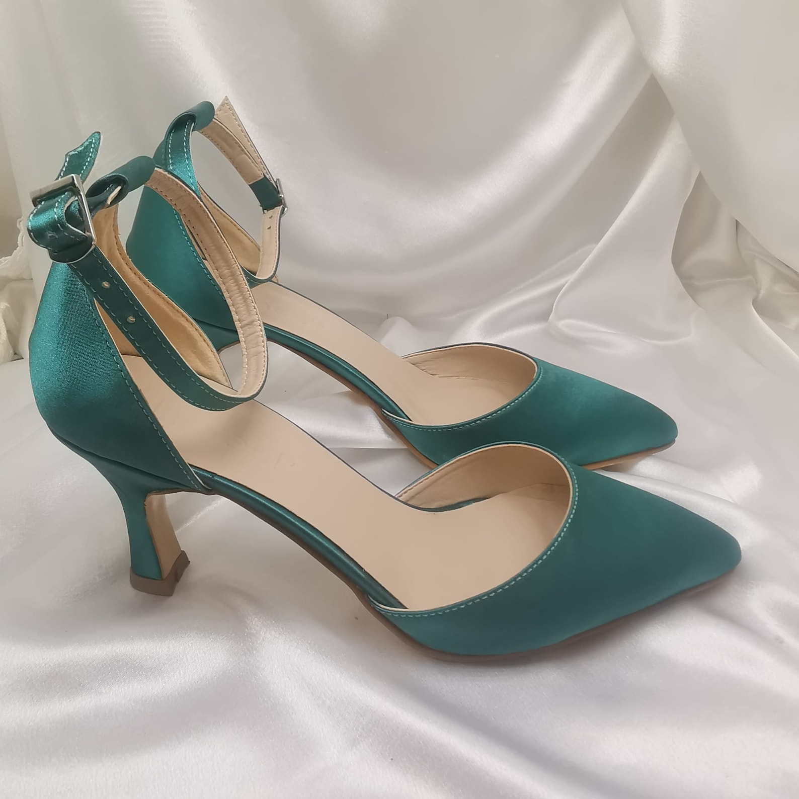 Women's Evening Shoes- Green Shoes- Satin- Stone Detail- Comfortable- 7 ...