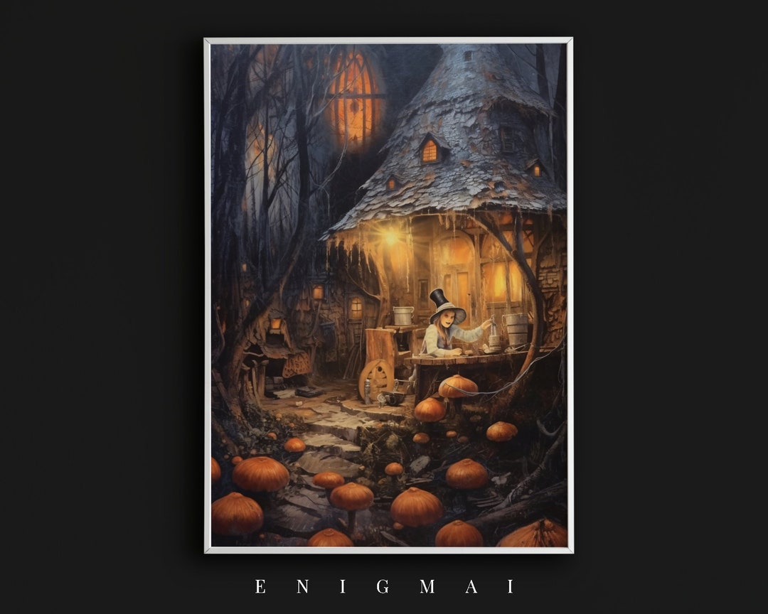 Vintage Witch House Painting: Printable Halloween Cottage Decor ...