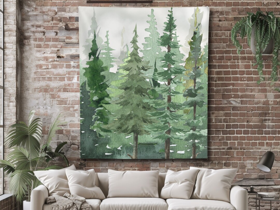 Forest Decor Forest Tapestry Watercolor Evergreen Woodland Forest Wall ...