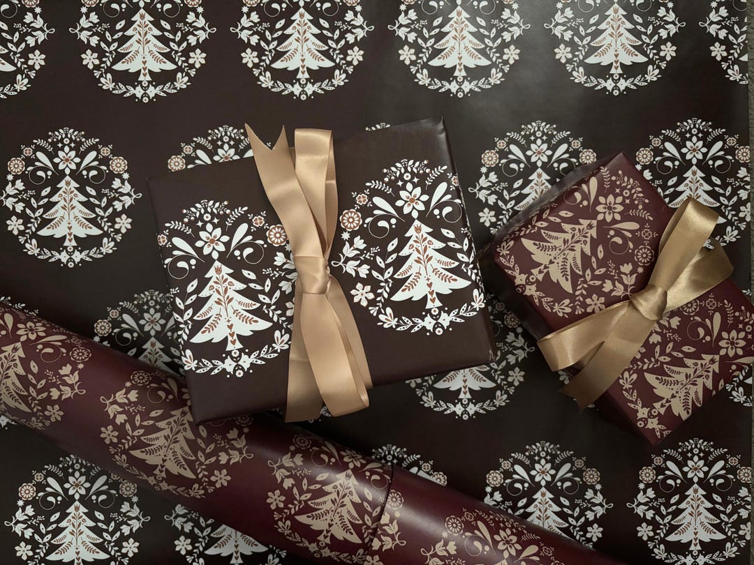 Chocolate Brown Christmas Wrapping Paper, Cocoa Scandinavian Folk Art ...