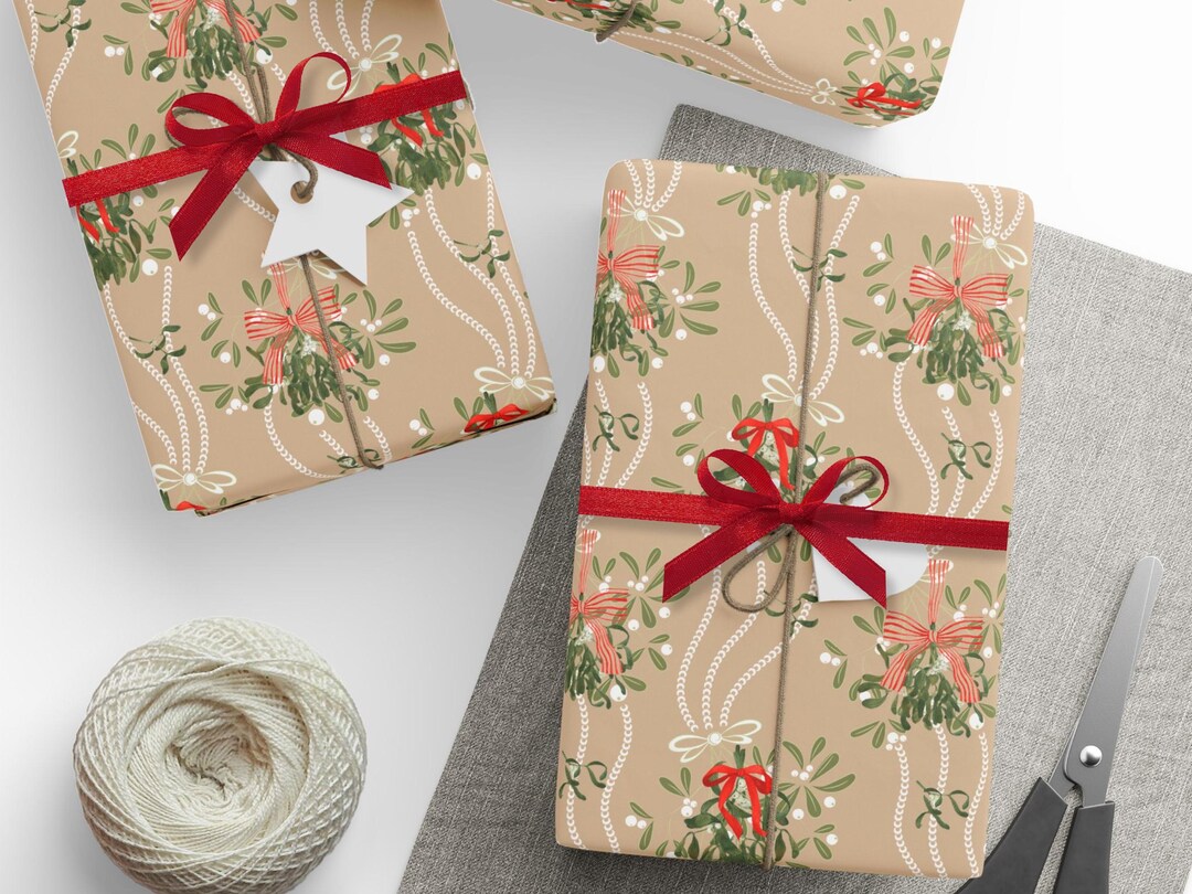 Mistletoe Christmas Wrapping Paper – Beige, Green & Red Farmhouse ...