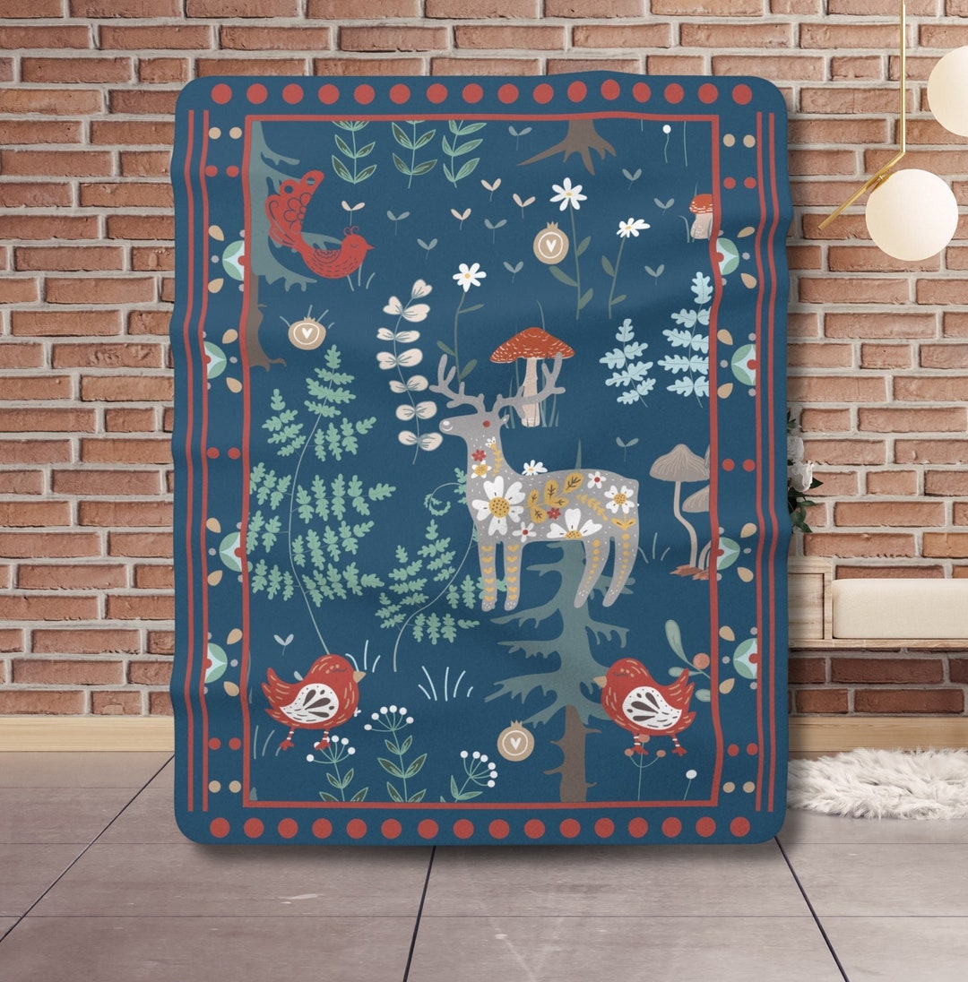 Folk Art Scandinavian Blanket Woodland Animals Swedish Norwegian Folk ...