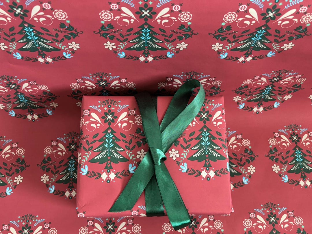 Christmas Wrapping Paper, Scandinavian Folk Art Tree Design, Holiday ...