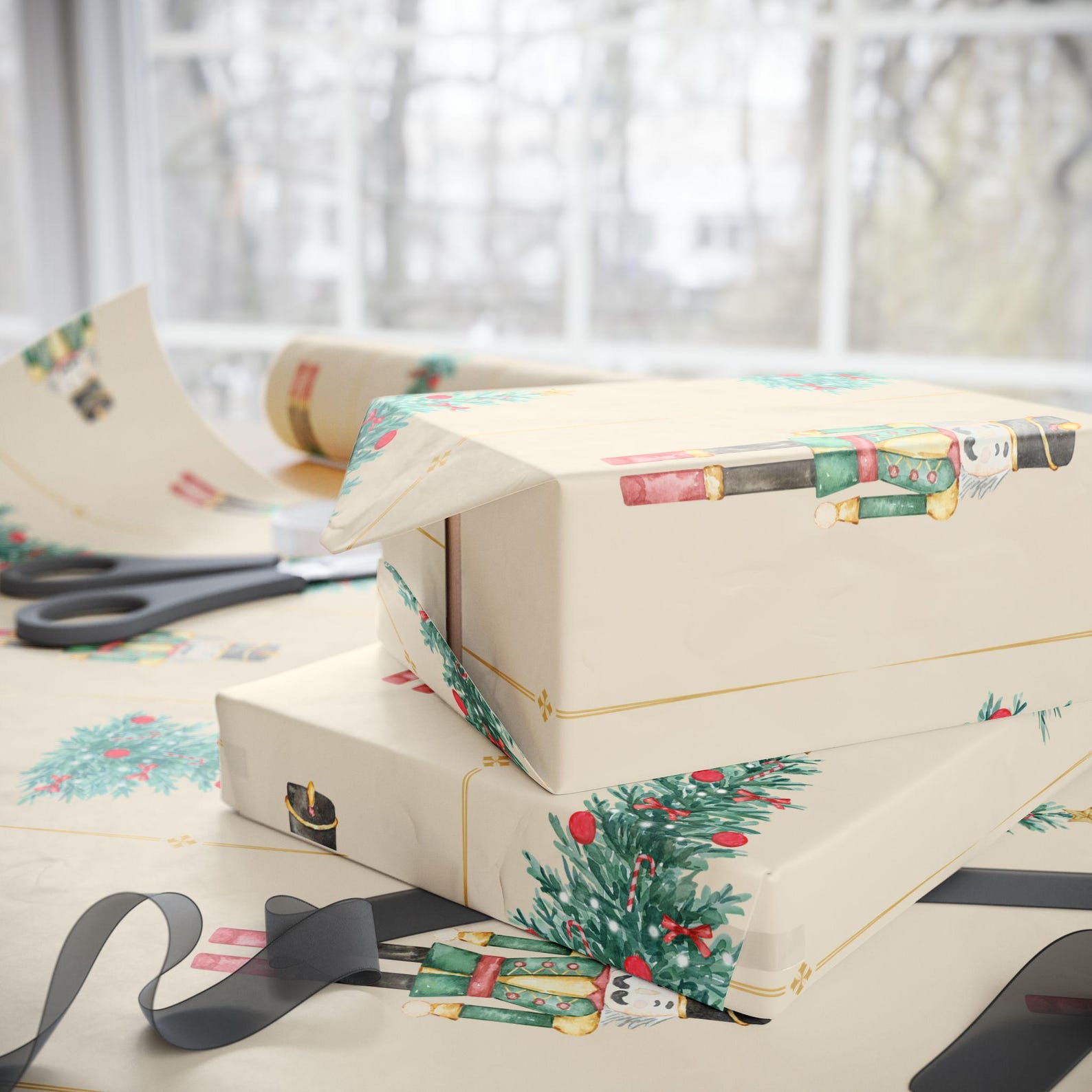 Nutcracker Christmas Tree Wrapping Paper – Cream Vintage Style ...