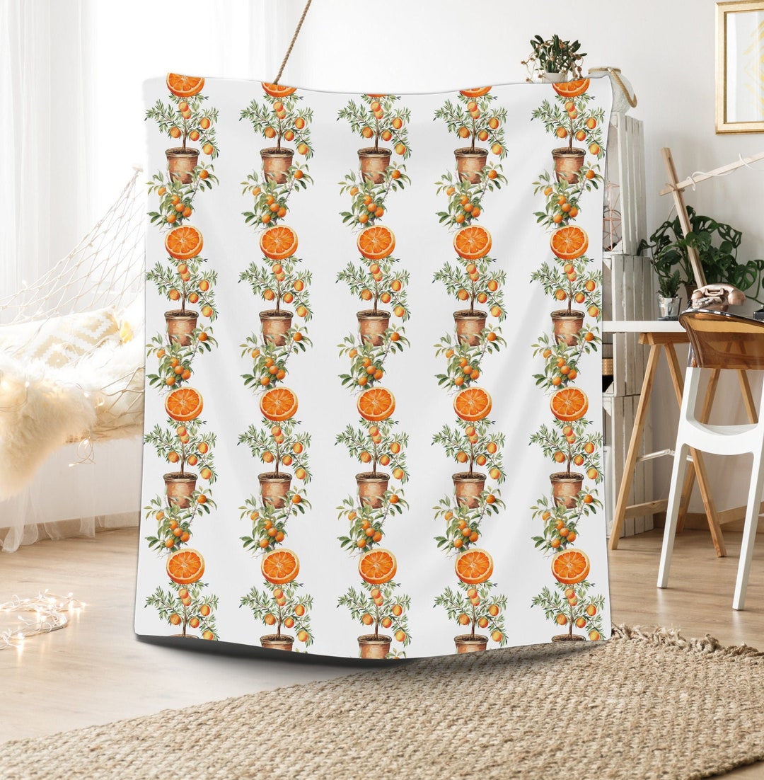 Orange Tree Throw Blanket – Botanical Clementine Print, Boho Home Decor ...