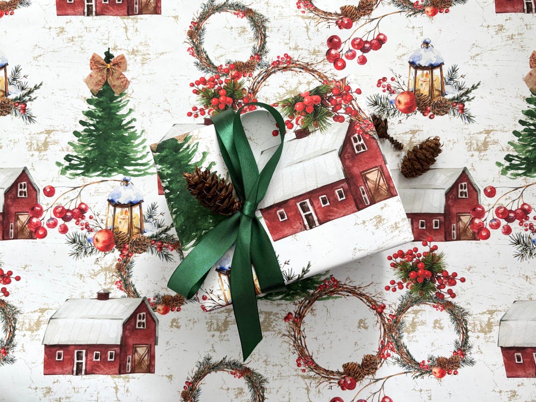 Wrapping Paper, Rustic Christmas Design, Red Barn & Woodland Greenery ...