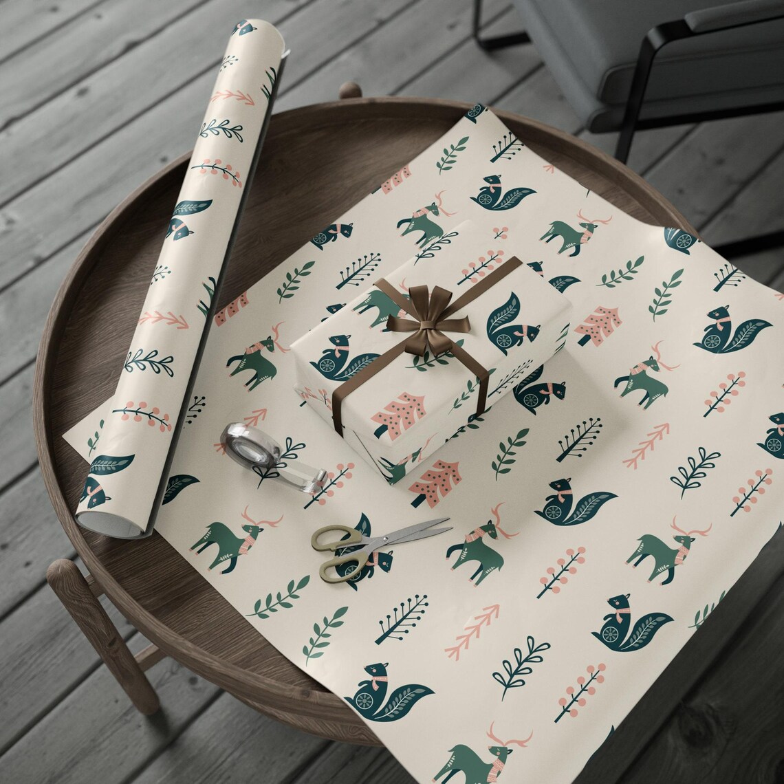 Christmas Wrapping Paper, Scandinavian Folk Art Tree & Woodland Animals ...