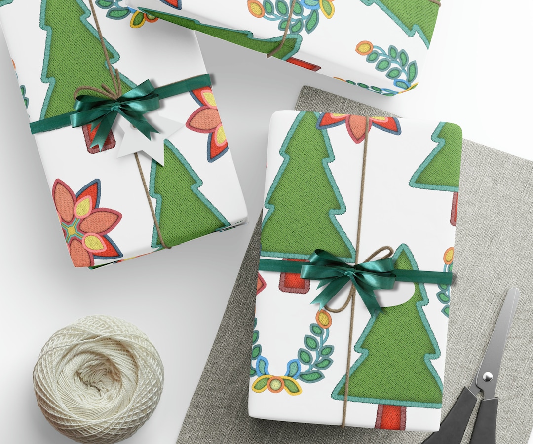 Evergreen Wrapping Paper Faux Embroidered Gift Wrap Christmas Wrap ...