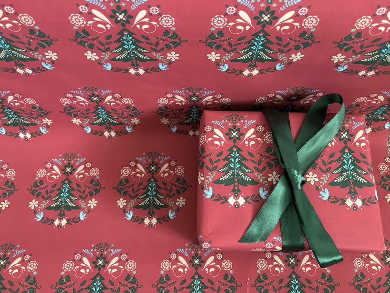 Christmas Wrapping Paper, Scandinavian Folk Art Tree Design, Holiday ...