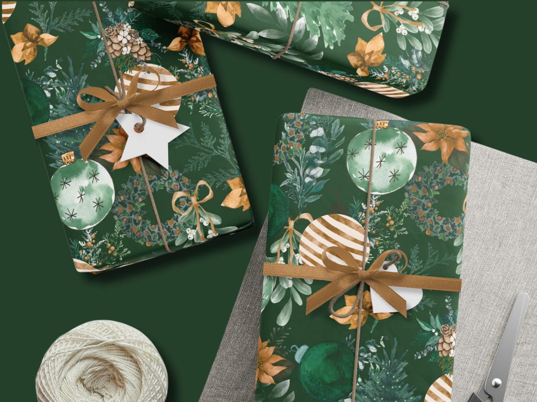 Christmas Wrapping Paper, Evergreen Tree & Wreath, Watercolor Greenery ...