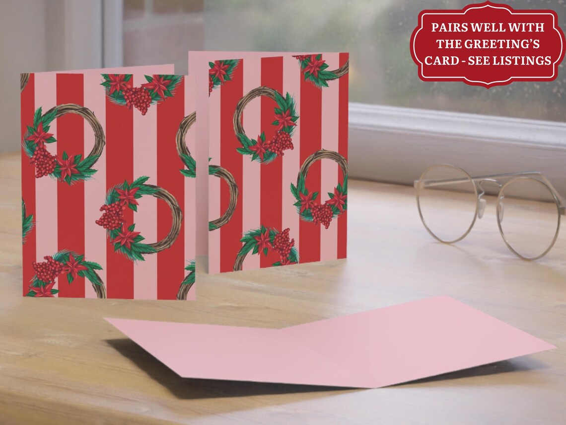 Christmas Wrapping Paper, Pink & Red Stripe Farmhouse Wreath Design ...