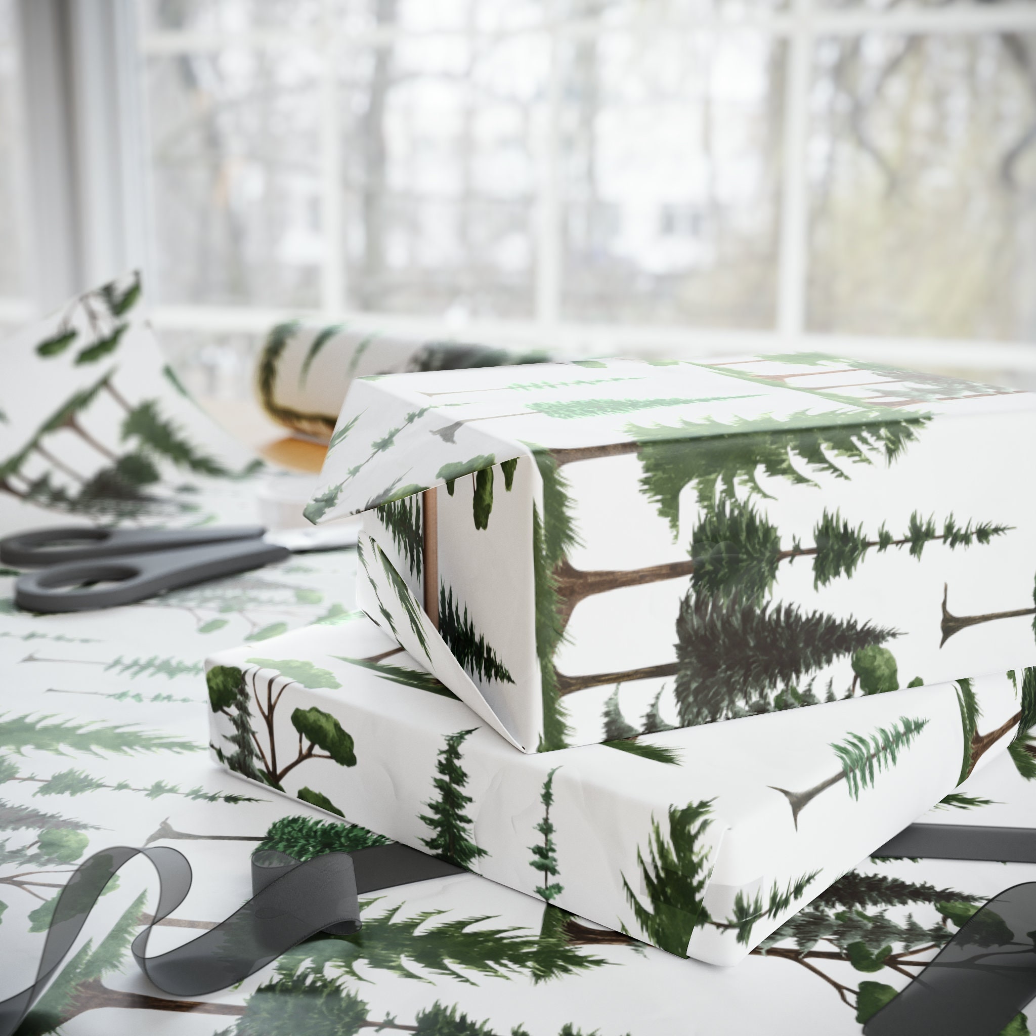 Forest Dark Evergreen Wrapping Paper Spruce Pine Tree Wrap Greenery ...