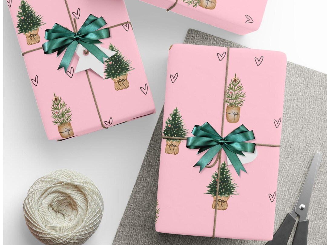 Christmas Wrapping Paper pink Christmas Tree Gift Wrap winter Woodland ...