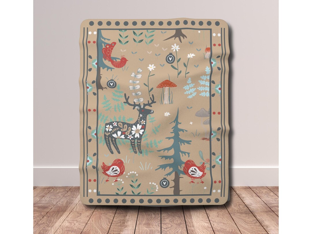 Scandinavian Woodland Folk Art Blanket, Tree & Forest Animals Design ...