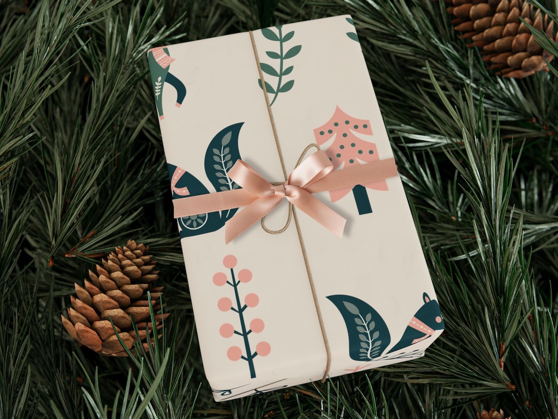 Christmas Wrapping Paper, Scandinavian Folk Art Tree & Woodland Animals ...