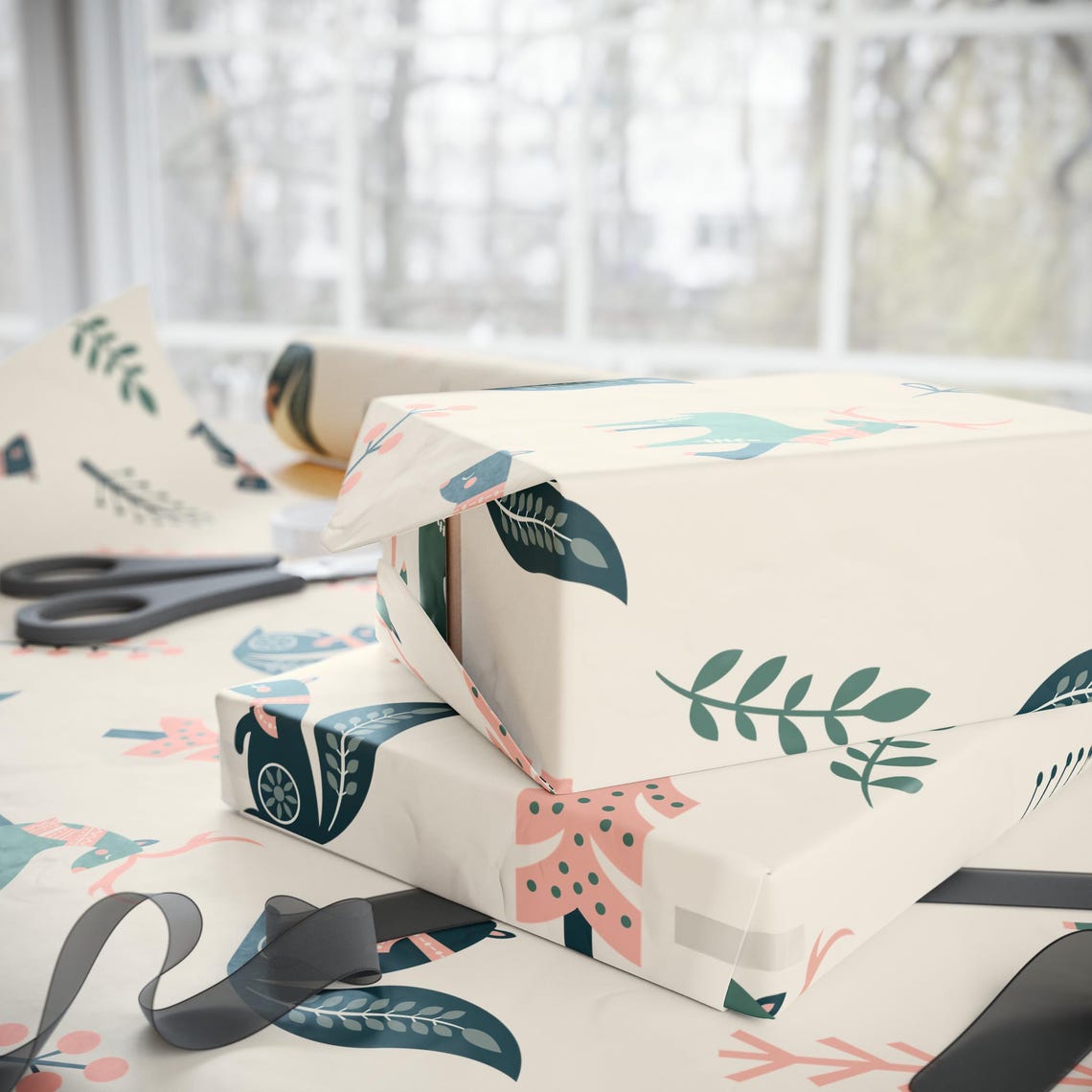 Christmas Wrapping Paper, Scandinavian Folk Art Tree & Woodland Animals ...