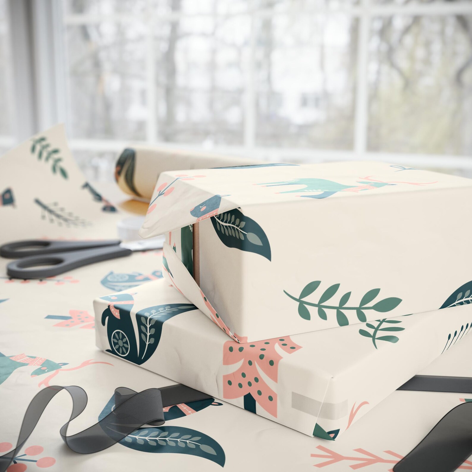 Christmas Wrapping Paper, Scandinavian Folk Art Tree & Woodland Animals ...