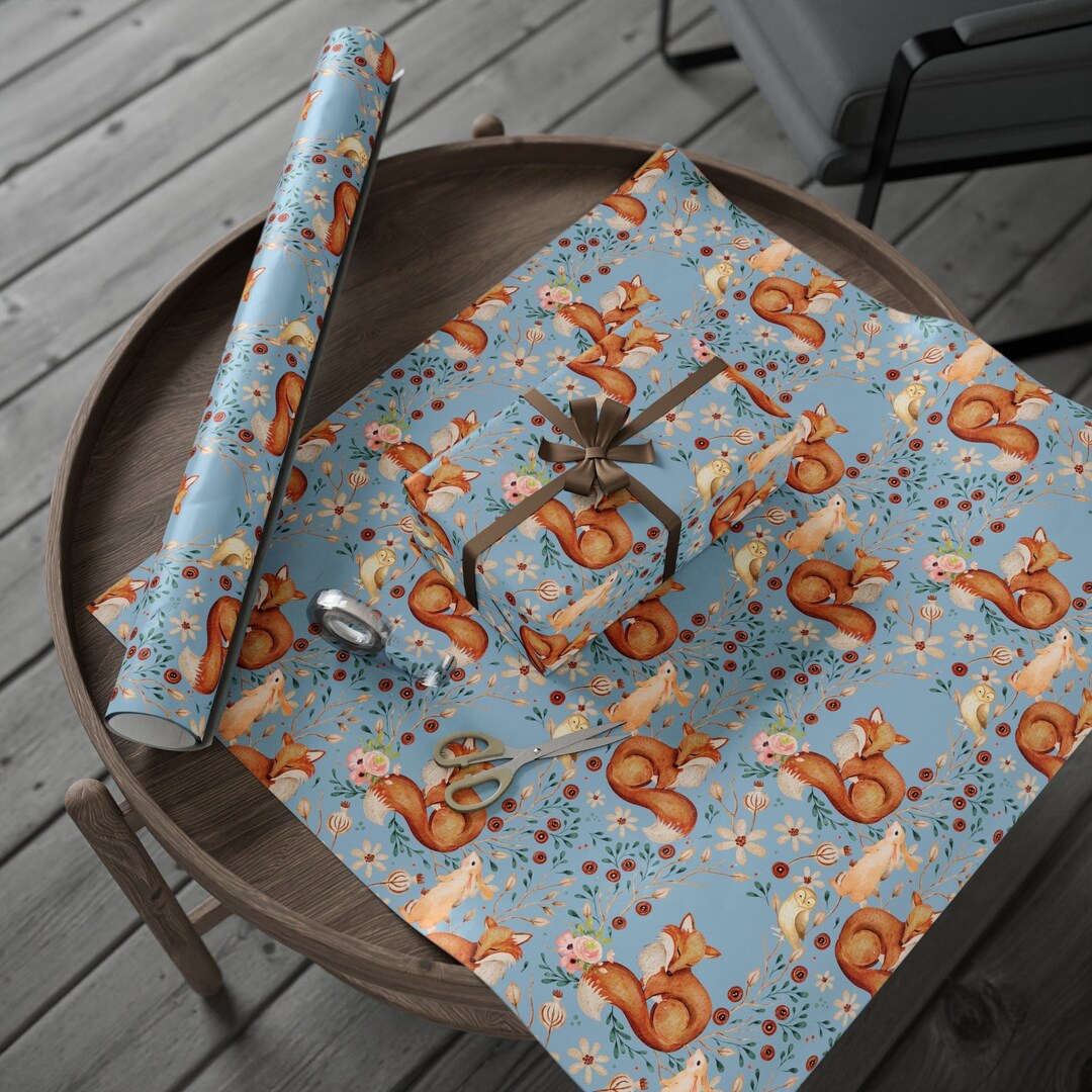 Baby Gift Wrap – Woodland Animals Blue Forest Print, Baby Shower ...