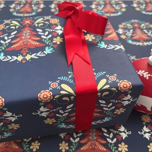 Scandinavian Christmas Wrapping Paper: Navy Blue Swedish Norwegian Folk ...