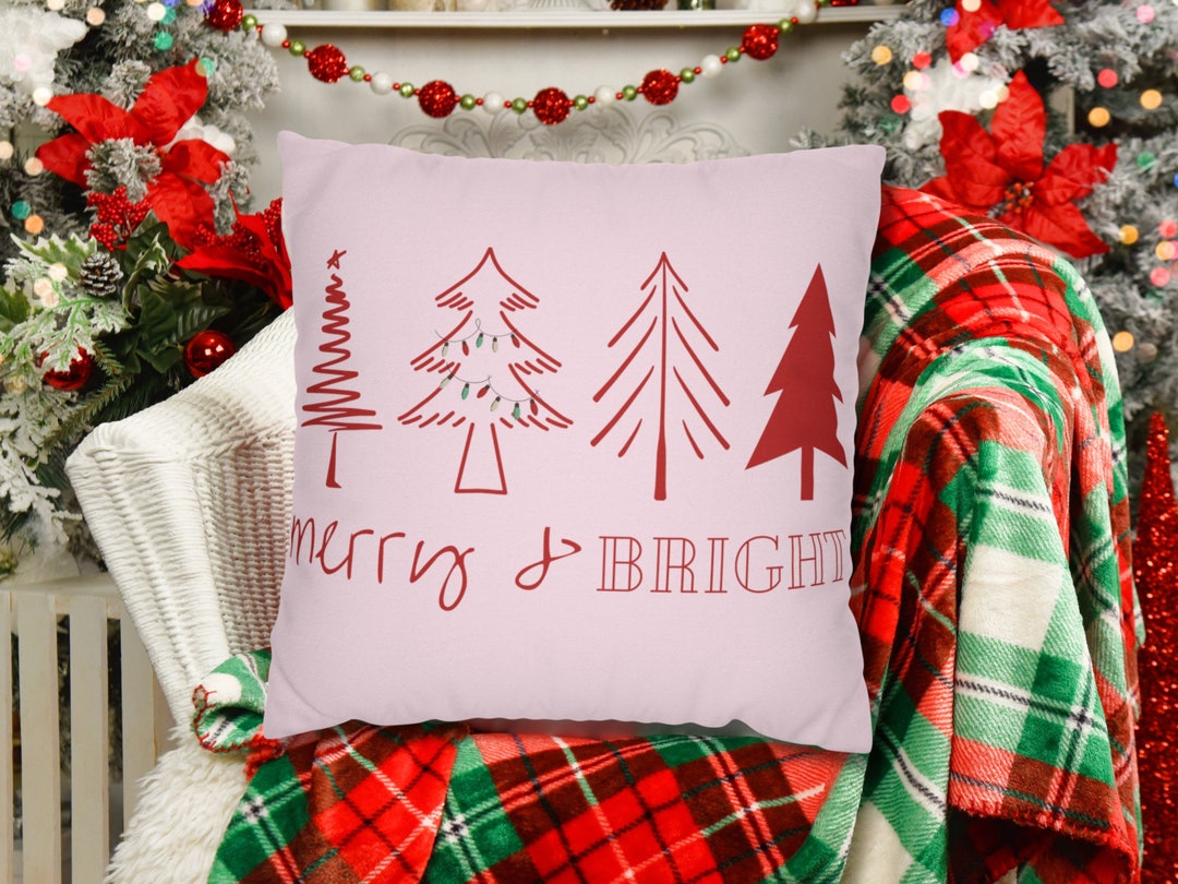 Merry & Bright Christmas Pillow sofa Pillow Insert Pink Red Christmas ...
