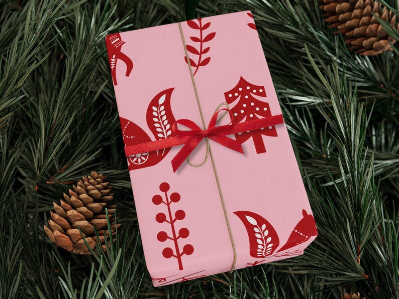 Christmas Wrapping Paper, Scandinavian Folk Art Tree & Animals Design ...
