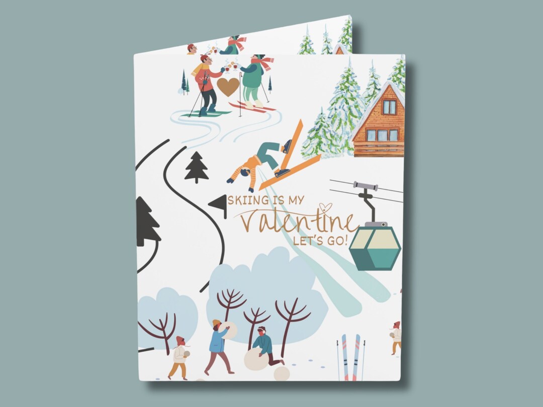 Skiing Valentines Day Card, Winter Woodland Ski Greeting Card, Snowy ...
