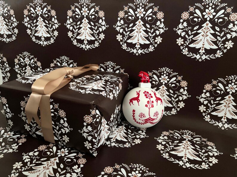 Chocolate Brown Christmas Wrapping Paper, Cocoa Scandinavian Folk Art ...