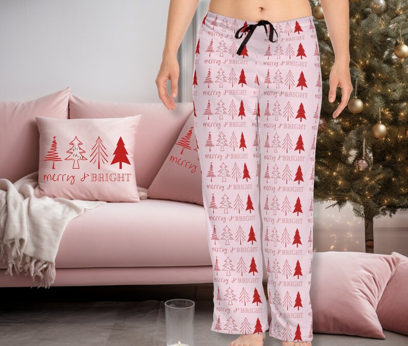 Women's Pink Christmas Pajama Pants merry & Bright Pjs Christmas ...