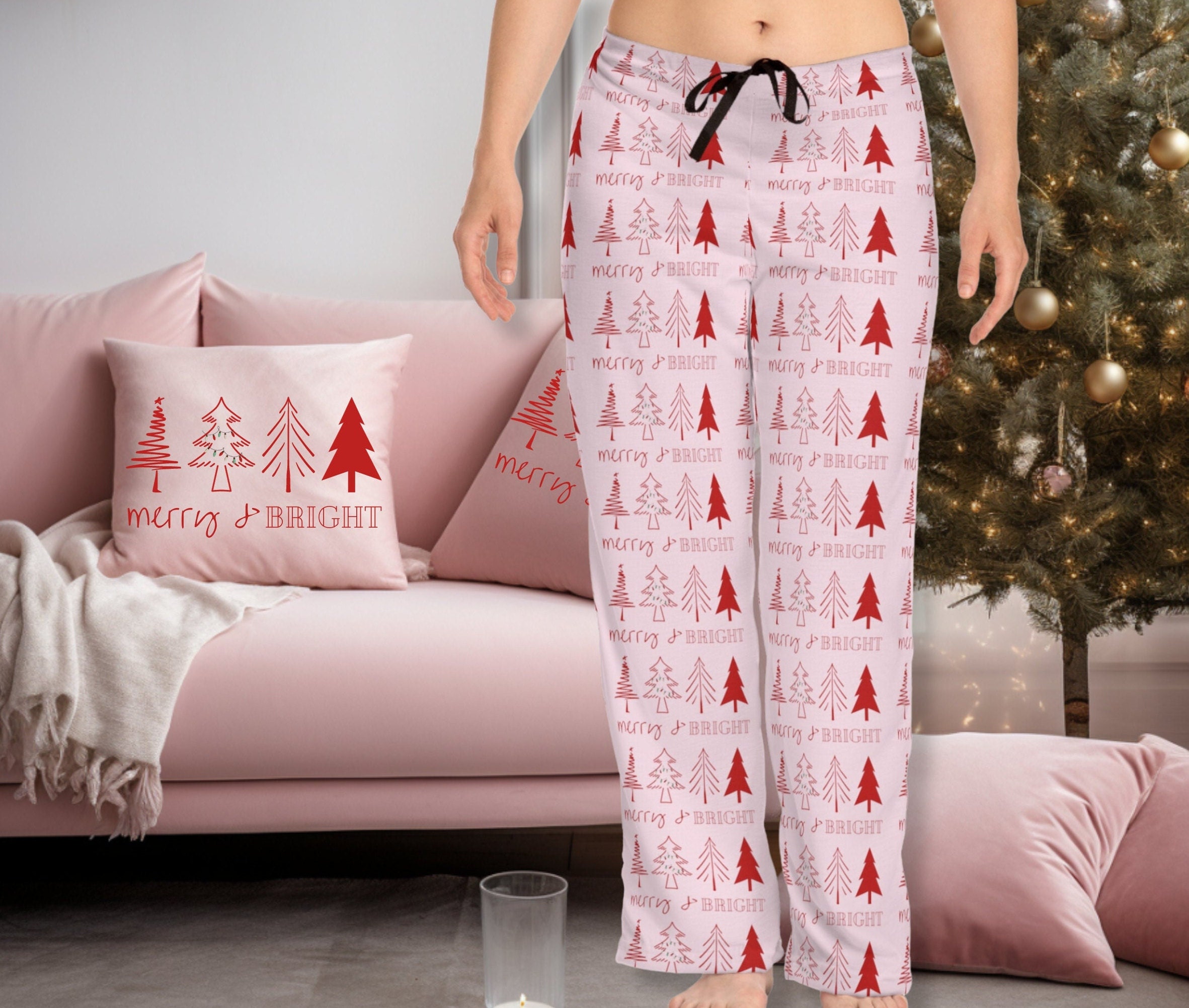 Women's Pink Christmas Pajama Pants merry & Bright Pjs Christmas ...