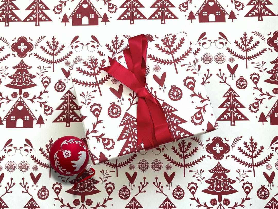 Scandinavian Christmas Wrapping Paper – Folk Art Tree Design Gift Wrap ...